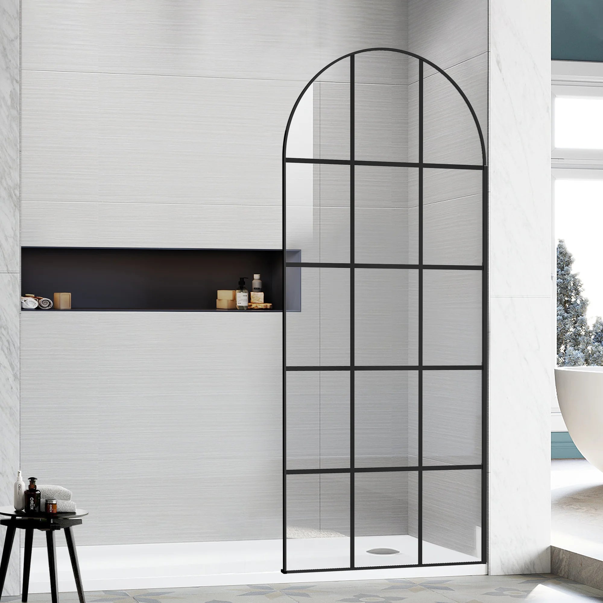 34" W x 74" H Framed Fixed Grid Shower Screen with Arched Top, 5/16"