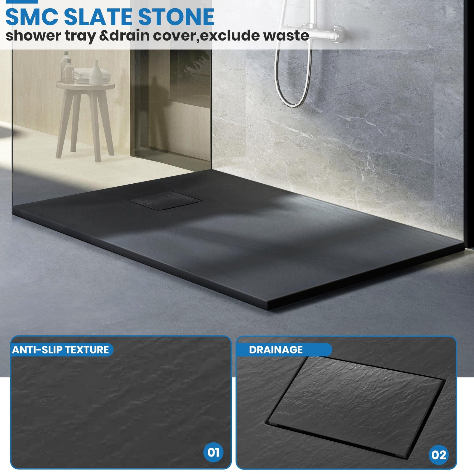 Low-Profile Zero Threshold End Drain Shower Pan Base, Matching White ...