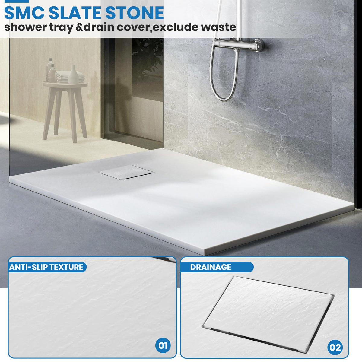 Low-Profile Zero Threshold End Drain Shower Pan Base, Matching White ...