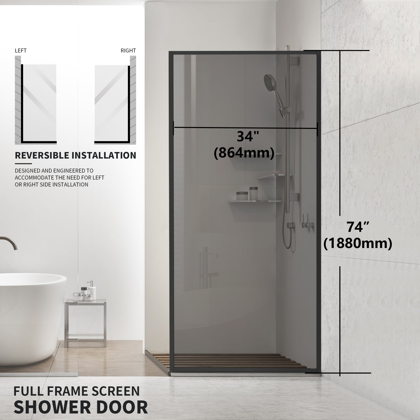 34"/36"/38"/46"/48" W x 74" H Walk-In Framed Fixed Shower Panel with 5
